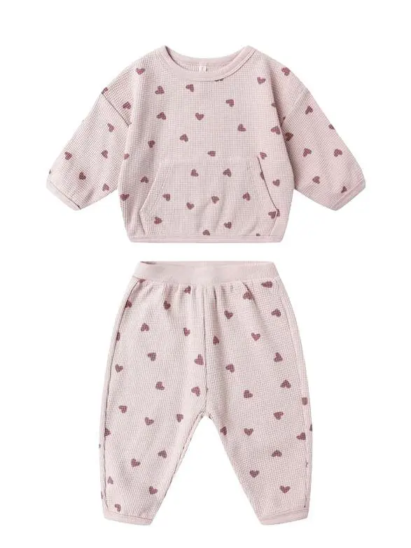 QUINCY MAE Heart Print Waffle Knit Organic Cotton Set - Lilac