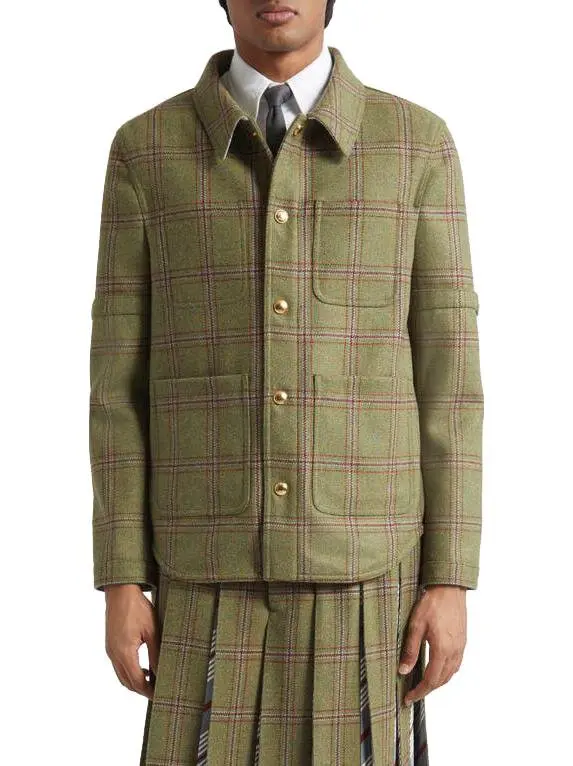 Thom Browne Plaid Wool Utility Shirt Jacket With Armbands - Green