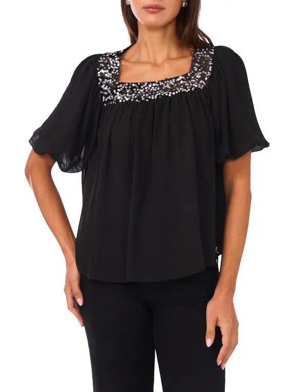 Vince Camuto Sequin Trim Puff Sleeve Top - Rich Black