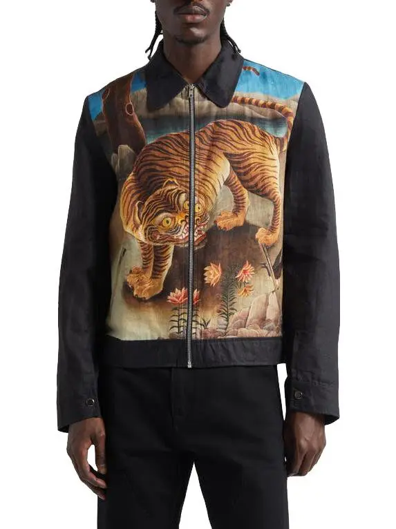 ENDLESS JOY Tiger Magpie Linen Blouson Jacket - Blue/black