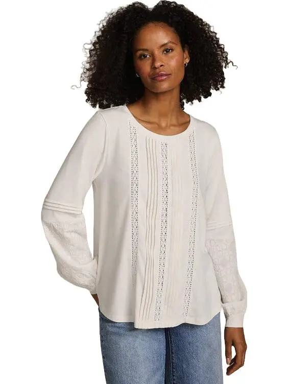 LANDS' END Lightweight Jersey Pintuck Lace Mix Top - Ivory