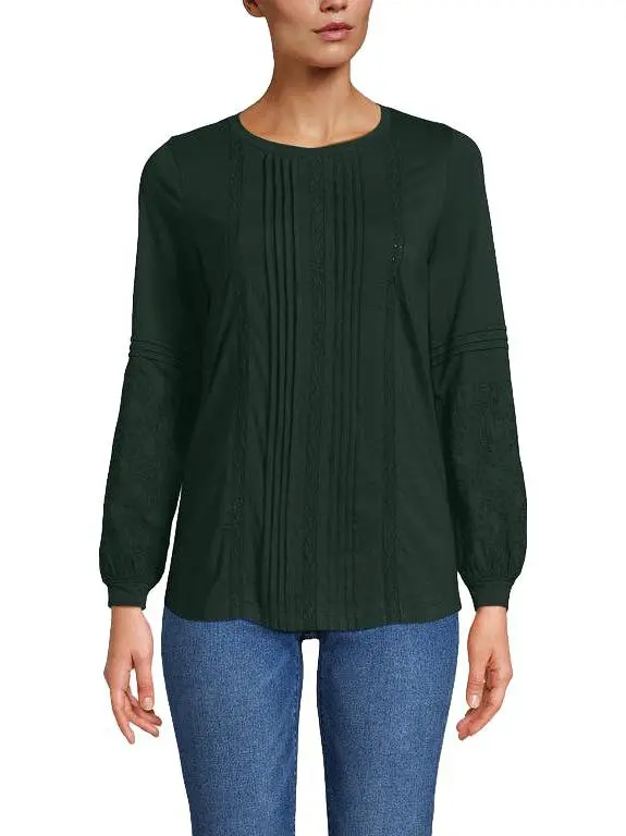 LANDS' END Lightweight Jersey Pintuck Lace Mix Top - Pine Valley