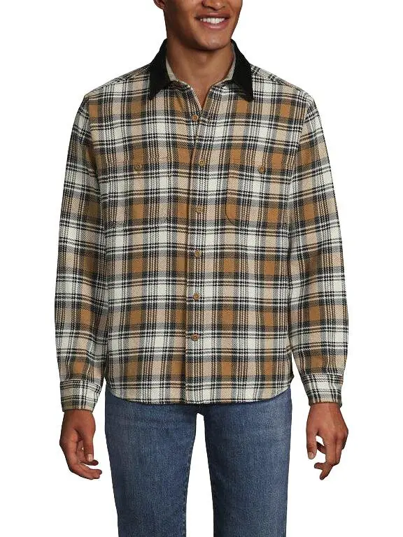 LANDS' END Authentic Flannel Shirt With Corduroy Collar - Butter Brown/ivory Latte Plaid
