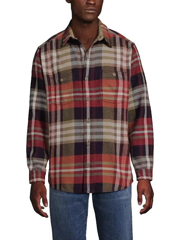 LANDS' END Authentic Flannel Shirt With Corduroy Collar - Rich Plum Multi Plaid