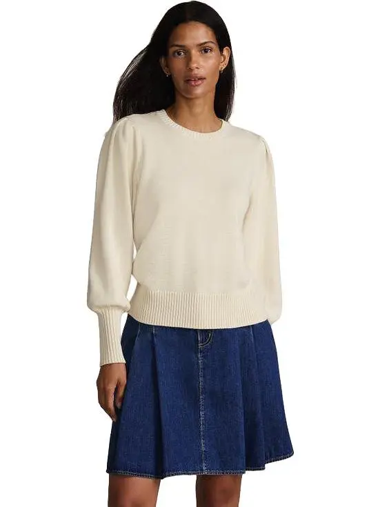 LANDS' END Drifter Puff Sleeve Crew Neck Sweater - Ivory Latte
