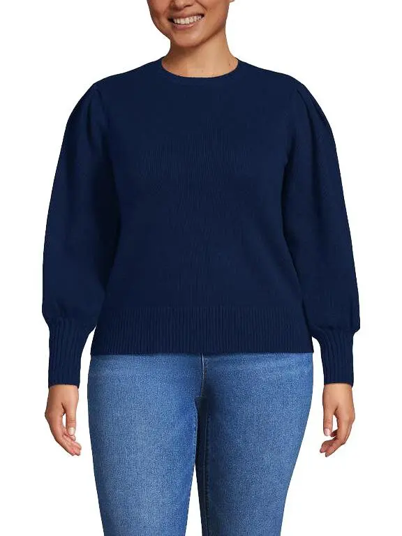 LANDS' END Jacquard Crew Neck Sweater With Puff Sleeves - Deep Sea Navy
