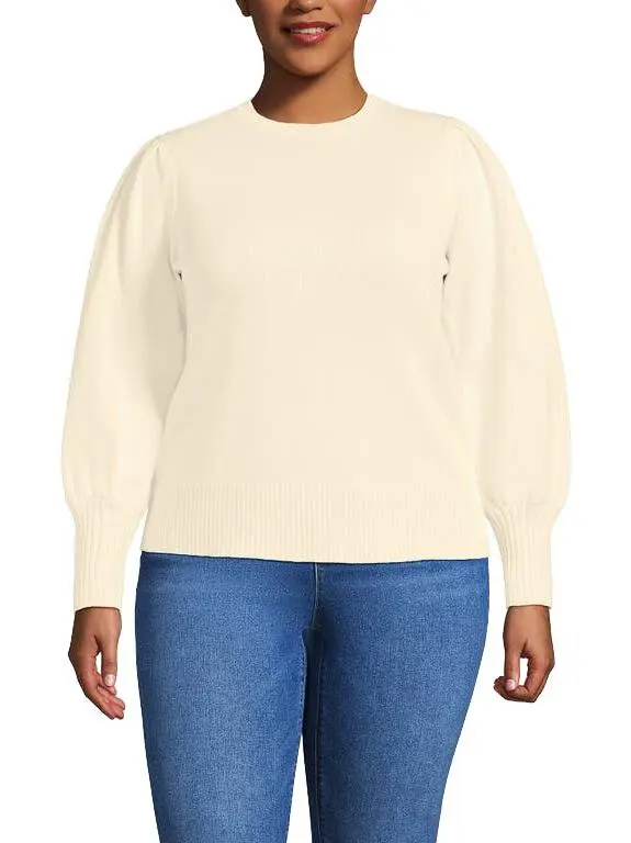 LANDS' END Jacquard Crew Neck Sweater With Puff Sleeves - Ivory Latte