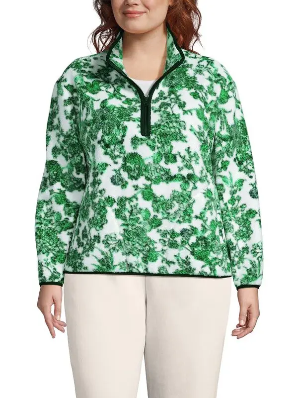LANDS' END Print Half Zip Cozy High Pile Fleece Pullover - Emerald Floral