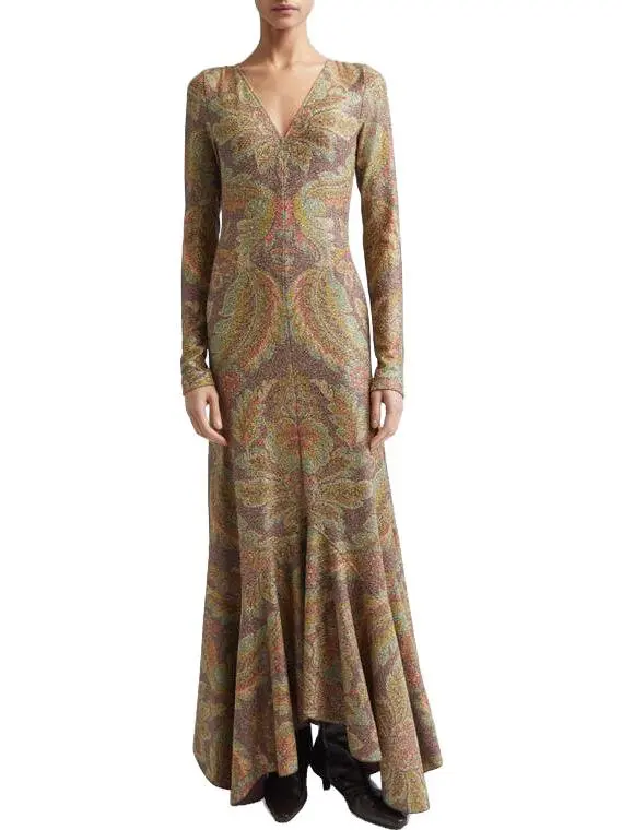 Etro Paisley Long Sleeve Terry Jersey Dress - Brown