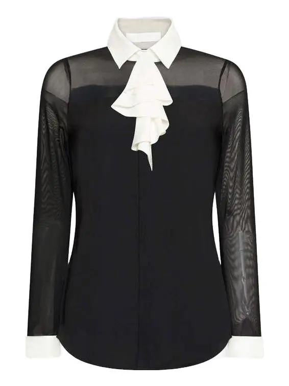 Anne Fontaine Long Sleeve Shirt With Mesh Sleeves And Ruffle Detail - Black