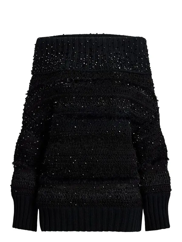 Ralph Lauren Embellished Texture Knit Off-the-shoulder Sweater - Black