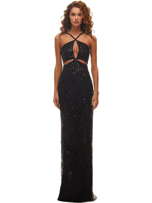MILLA Cut-out Halterneck Sequin Maxi Gown - Black