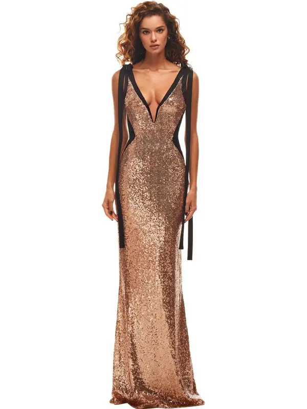 MILLA Sequin Maxi Dress With Tie-straps - Golden Rose