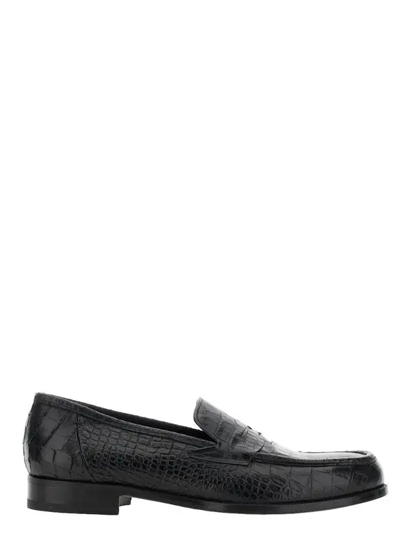LIDFORT Luisiana Embossed Crocodile Loafers - Black