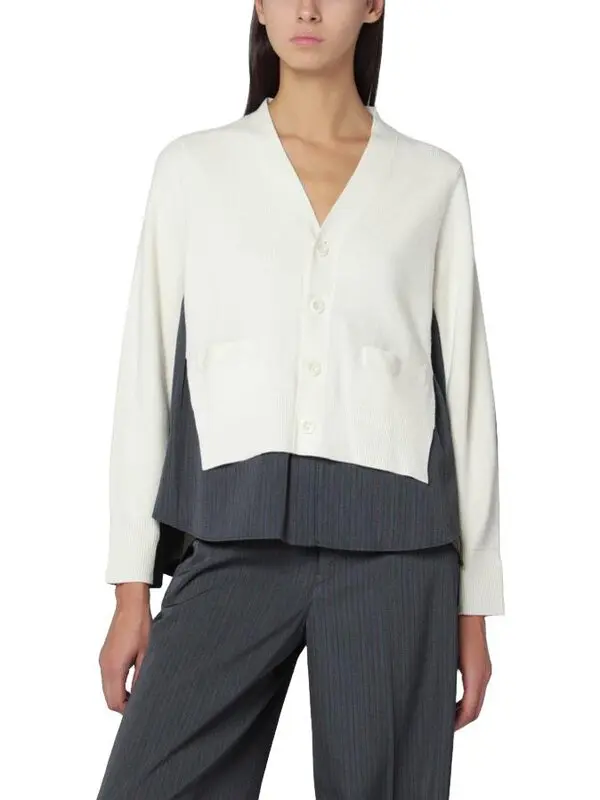 Sacai Cardigan With Pinstripe Shirt Insert - White