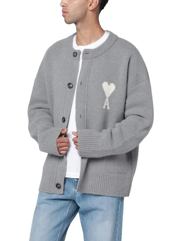 Ami Wool Cardigan With De Coeur Embroidery - Grey