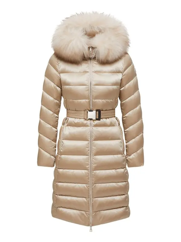 Moncler Leersie Hooded Shearling-trimmed Long Down Jacket - Beige