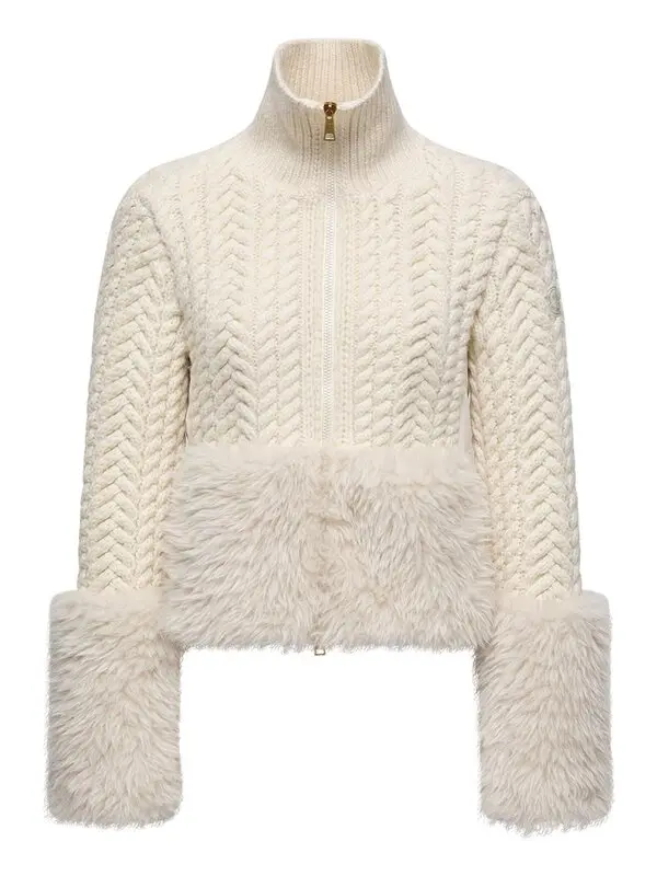 Moncler Wool-blend Zip-up Cardigan With Faux Fur - White