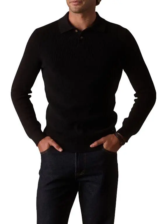 THE NORMAL BRAND Robles Long Sleeve Waffle Cotton Polo Sweater - Black
