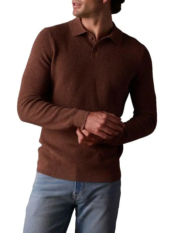 THE NORMAL BRAND Robles Long Sleeve Waffle Cotton Polo Sweater - Heather Brown