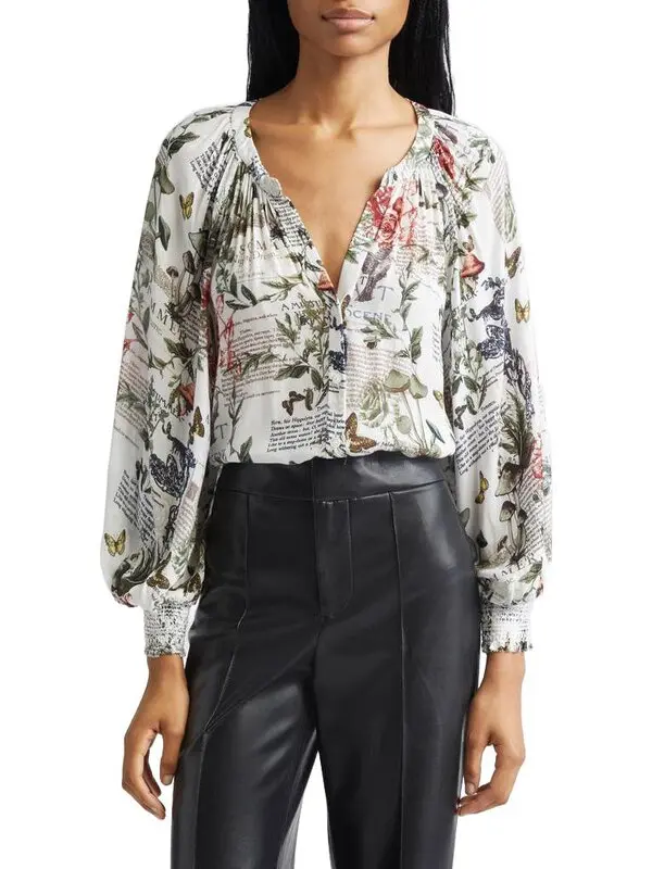 Alice + Olivia Thalia Mixed Print Button-up Shirt - Dreamscape Moon Vanilla