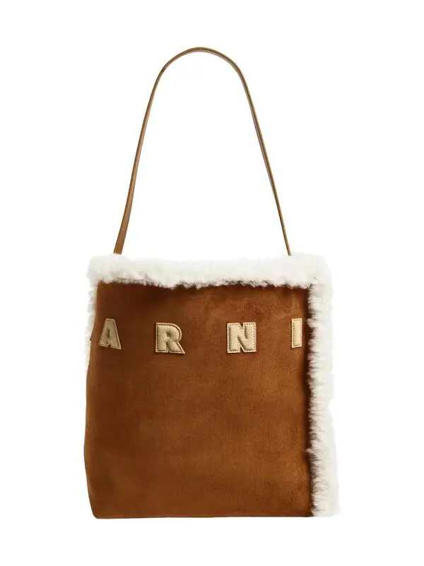 Marni Mini Museo Suede & Shearling Hobo Bag - Candied Ginder/lily White