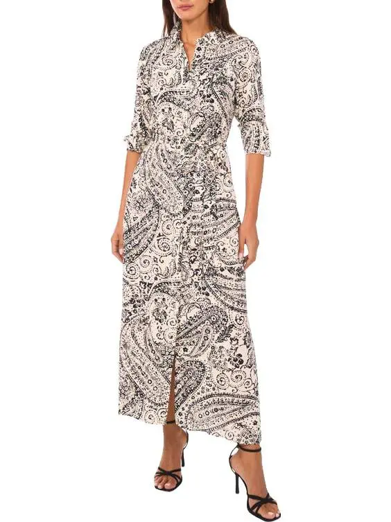 Vince Camuto Tie Belt Roll Tab Sleeve Maxi Shirtdress - Rich Black/ivory