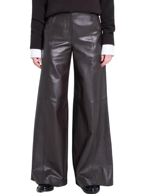 TWP Demie Topstitch Wide Leg Leather Trousers - Chocolate