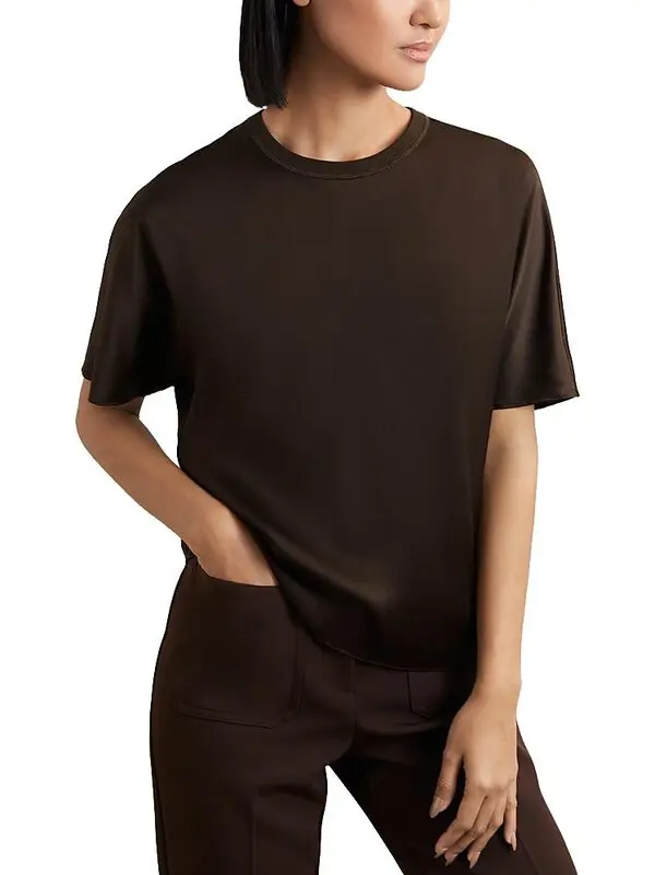 REISS Lena Silk Short Sleeve Top - Chocolate