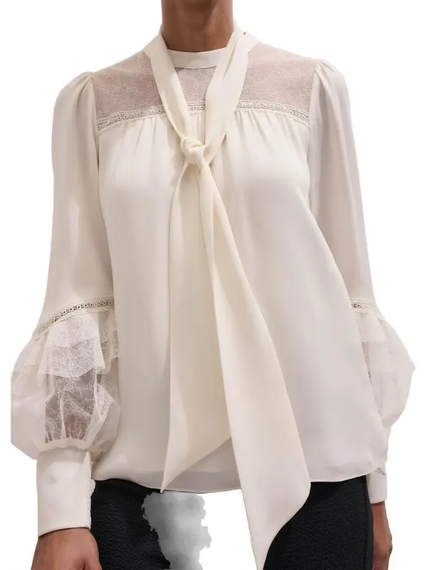 ME+EM Silk And Lace Tie Neck Top - Light Cream