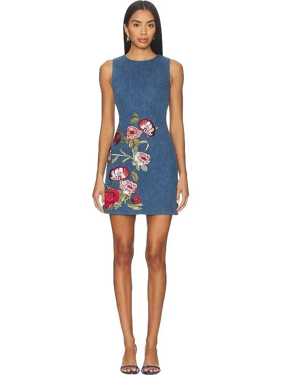 Alice + Olivia Cade Embroidered Sleeveless Denim Mini Shift Dress - Brooklyn Blue & Multi