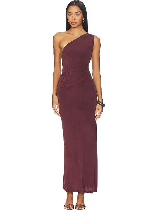 PEACHY DEN Amelia One Shoulder Maxi Dress - Hot Chocolate