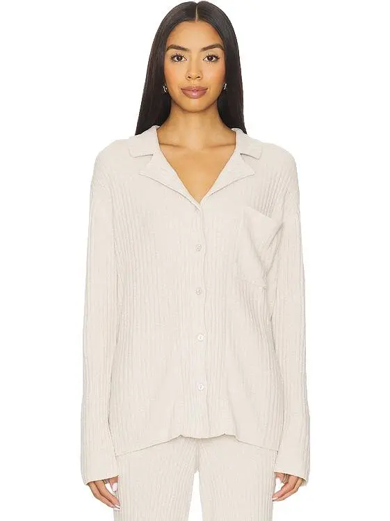 Barefoot Dreams Cozychic Ultra Lite Lurex Rib Button Front Shirt - Chai