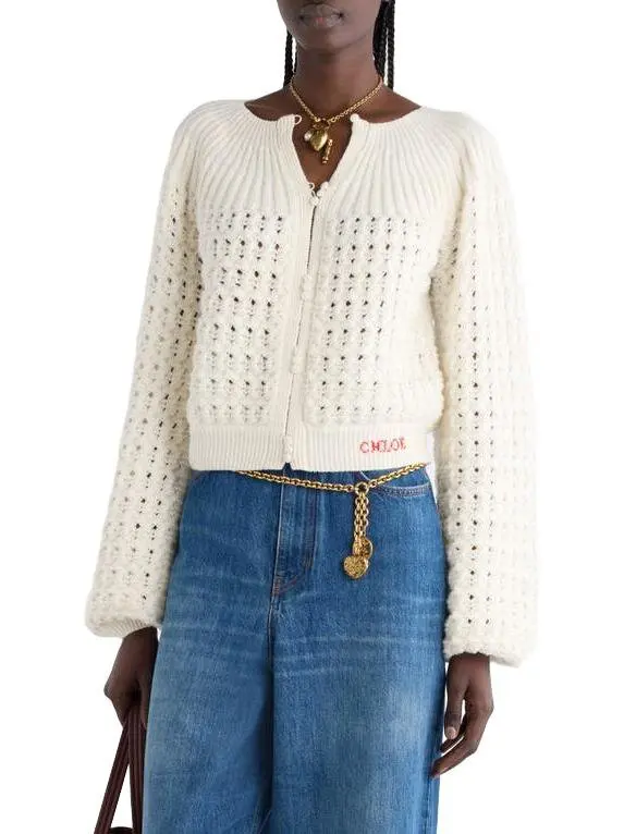 Chloé Balloon Sleeve Tweed Cardigan - Iconic Milk