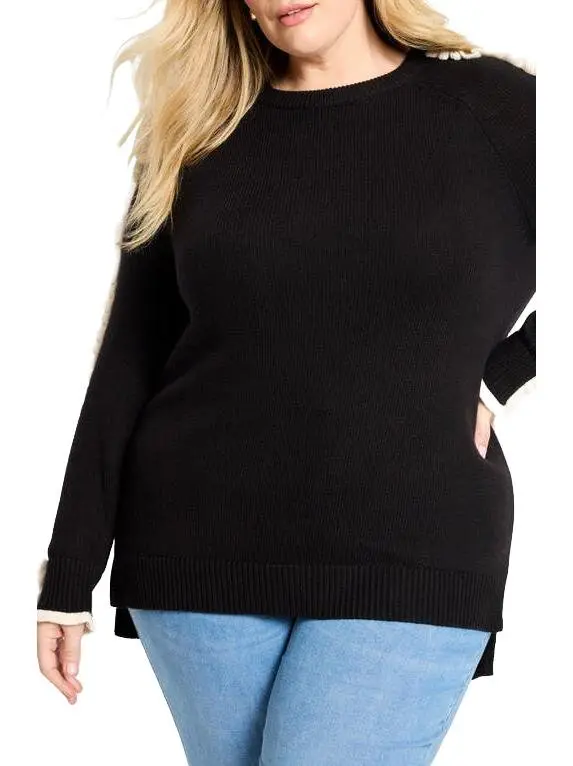 NIC+ZOE Ruffle Trim Crewneck Sweater - Black Onyx