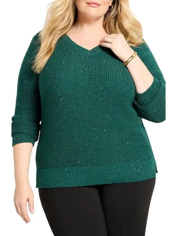 NIC+ZOE Shimmer V-neck Waffle Stitch Sweater - Pine