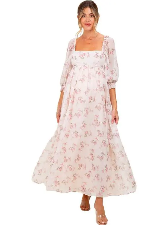 PINKBLUSH Floral Chiffon Long Sleeve Maxi Dress - Light Pink