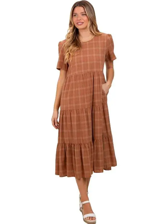 PINKBLUSH Plaid Tiered Short Sleeve Midi Dress - Rust
