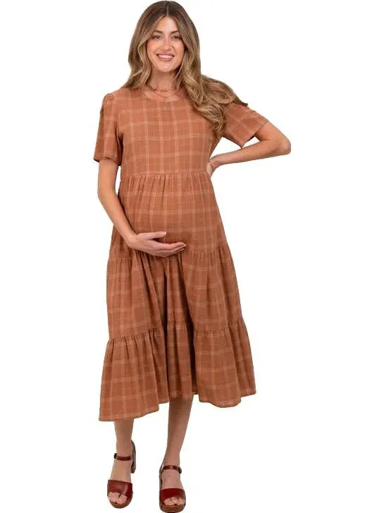 PINKBLUSH Plaid Tiered Short Sleeve Midi Dress - Rust