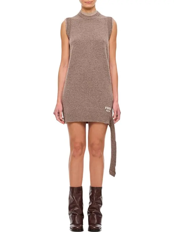 Fendi Sleeveless Knit Dress With Logo - Brown