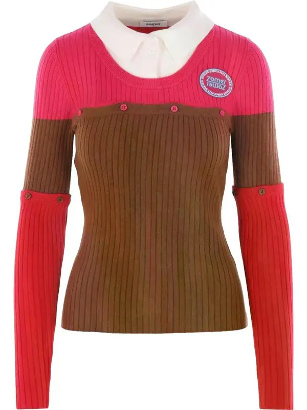 ZOMER Logo-patch Ribbed-knit Polo Top - Brown