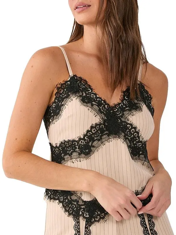 Nasty Gal Pinstripe Lace Trim Strappy Top - Ecru