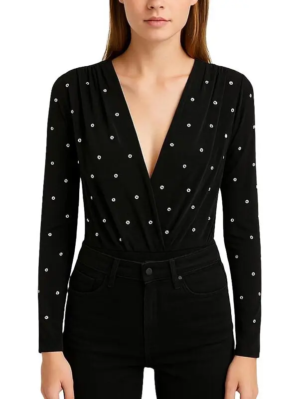 NOCTURNE Embellished V-neck Long Sleeve Top - Black