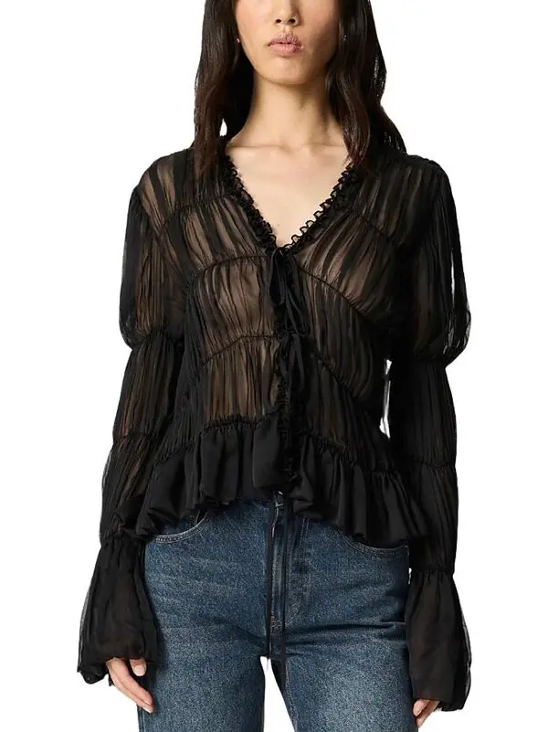 NOCTURNE Ruched Sheer Blouse - Black