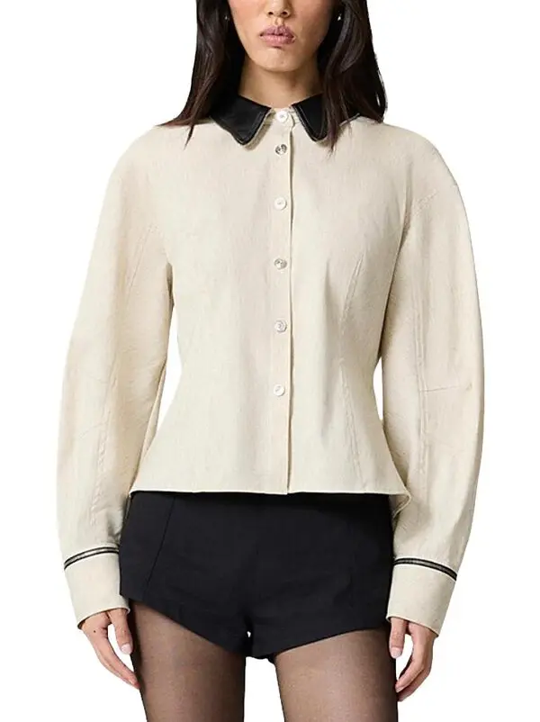 NOCTURNE Contrast Collar Balloon Sleeve Shirt - Open White