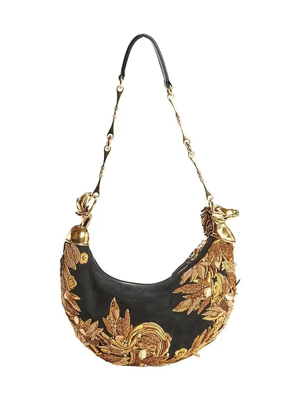 Chloé Embroidered Suede Shoulder Bag - Black