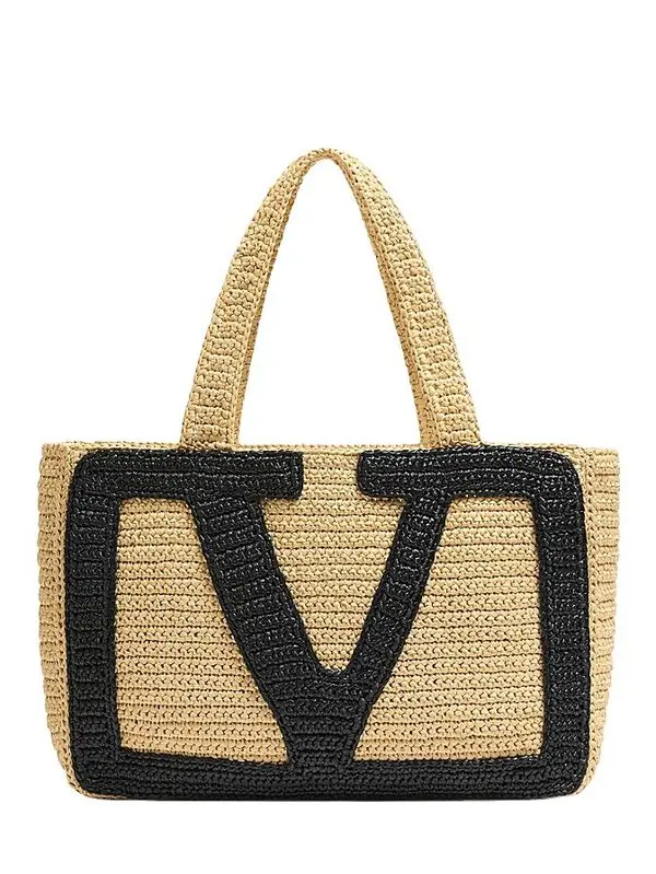 Valentino Garavani Viva Superstar Large Raffia Shopping Tote Bag - Natural/black