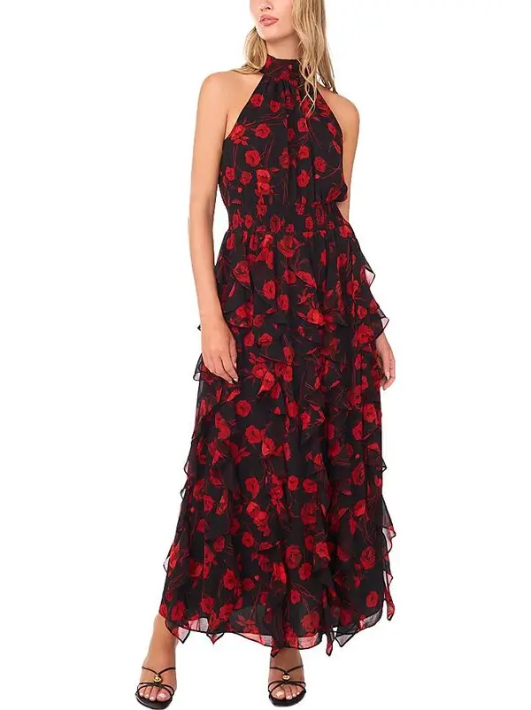 1.State Floral Ruffle Cascading Maxi Dress - Ruby Red