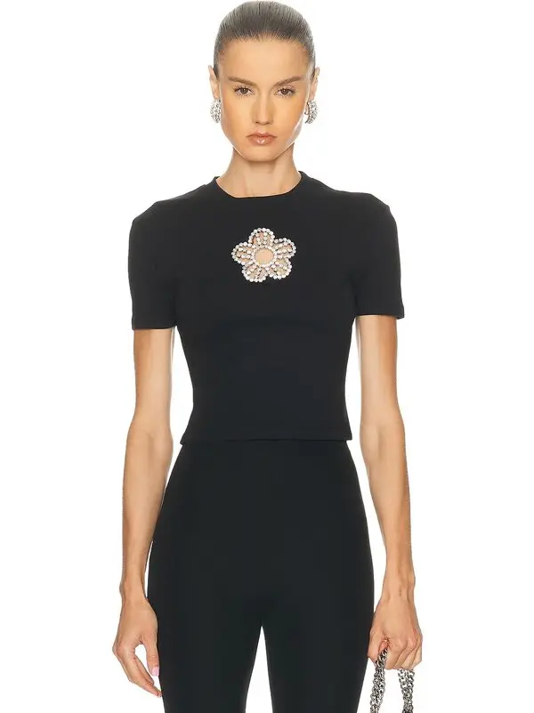 AREA Crystal Flower Cropped T-shirt - Black