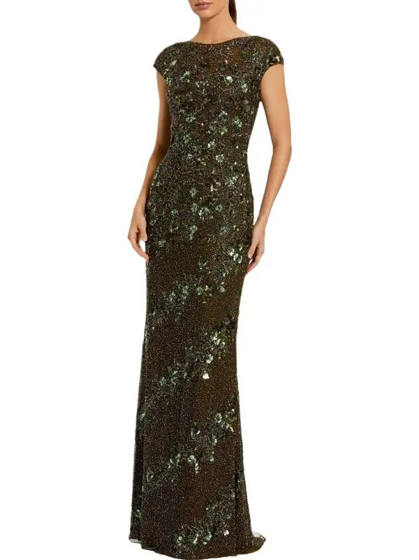 Mac Duggal Floral Embellished Cap Sleeve Column Gown - Olive